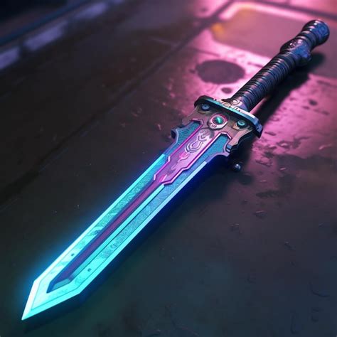 Premium Ai Image There Is A Blue And Purple Sword On A Table
