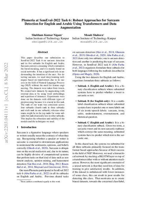 Pdf Plumeria At Semeval 2022 Task 6 Robust Approaches For Sarcasm Detection For English And