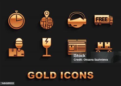 깨지기 쉬운 깨진 유리 기호 무료 배송 서비스 철도 객차 앱 추적 기능이 있는 노트북 배달원 골판지 상자 오퍼레이터 터치 지원 스톱워치 및 아이콘 설정 벡터 0명에 대한