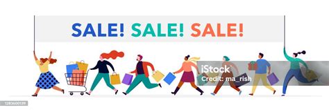 쇼핑백 컬렉션을 들고 있는 사람들 상점 상점 쇼핑몰 및 온라인에서 계절별 판매에 참여하는 행복한 남성과 여성 흰색 배경의 만화 캐릭터 개념에 대한 스톡 벡터 아트 및 기타