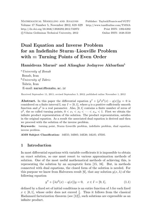 Pdf Dual Equation And Inverse Problem For An Indefinite Sturm Liouville Problem With M Turning