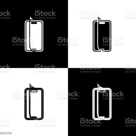 흑백 배경에서 격리된 스마트폰 아이콘용 유리 화면 보호기 설정입니다 유리 용 보호 필름 휴대 전화에 대한 투명 소프트 유리 벡터 Lcd에 대한 스톡 벡터 아트 및 기타