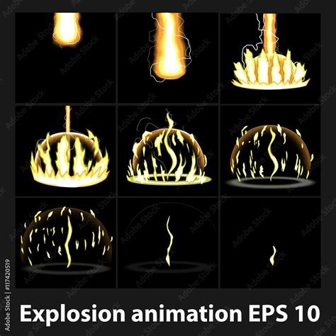 Explosion Cartoon Animation Frames For Game Sprite Sheet On Dark Background Stock Vector