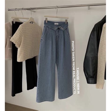 พร้อมส่งงานป้าย Wg We กางเกงยีนส์ ขายาว เอวสูง ทรงกระบอกใหญ่ ดีไซน์ พับขอบเอว เก๋มาก ผ้าดี ทรง