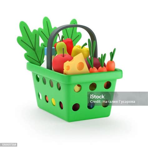 식료품이 있는 쇼핑 바구니 만화 스타일의 제품이있는 전체 녹색 플라스틱 식료품 또는 식품 카트 3차원 형태에 대한 스톡 사진 및