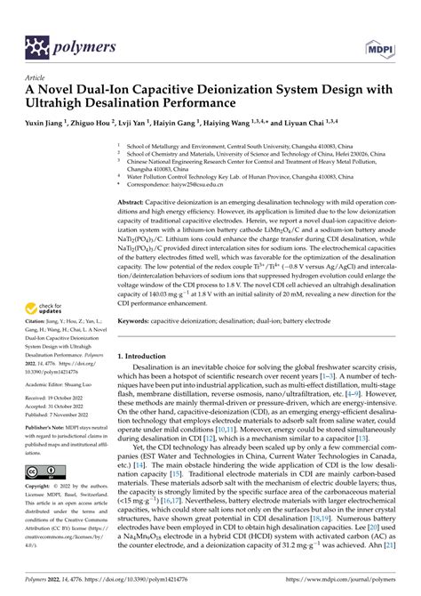 Pdf A Novel Dual Ion Capacitive Deionization System Design With Ultrahigh Desalination Performance