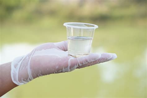 과학 실험을 하기 위해 물 샘플이 들어있는 과학자 손 손잡이 유리를 닫습니다 자연 수원의 수질 및 오염 물질에 대한 개념 테스트 Stem 주제에 대한 스톡 사진 및 기타