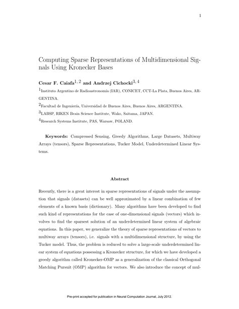 Pdf Computing Sparse Representations Of Multidimensional Signals Using Kronecker Bases
