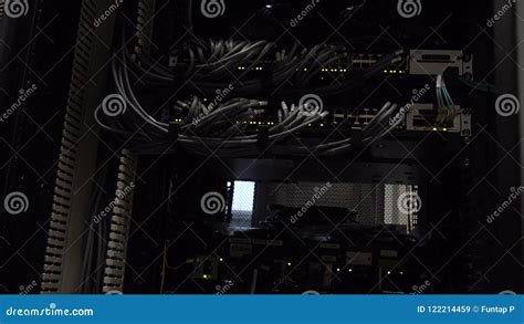 Ethernet Network Connection Hub Blinking Lights In A Dark Server Room Close Up View Of