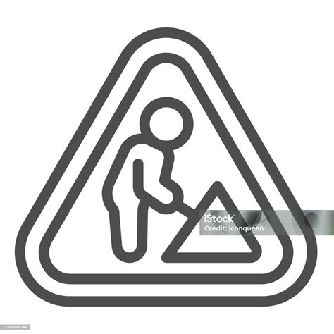 남자와 삽 라인 아이콘과 교통 삼각형 도로 개념을 만들고 있습니다 벡터 그래픽입니다 도로 수리 작업 흰색 배경에 건설 표지판 모바일 또는 웹 디자인에 대한 개요 스타일