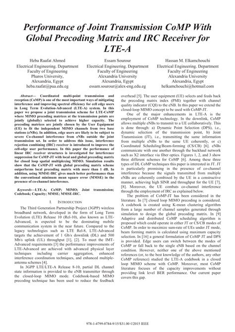 PDF Performance Of Joint Transmission CoMP With Global Precoding Matrix And IRC Receiver For LTE A