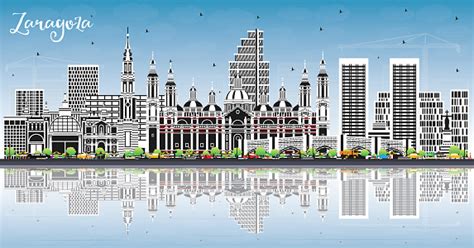 사라고사 스페인 도시 스카이라인은 컬러 건물 푸른 하늘 및 반사입니다 벡터 그림입니다 랜드마크가 있는 사라고사의 도시 풍경 Spanish Tour에 대한 스톡 벡터 아트 및