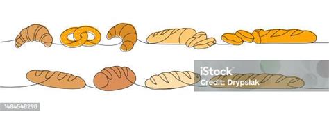 빵 세트 한 줄은 연속 그림을 그립니다 통곡물 밀 빵 프레첼 치아바타 크루아상 베이글 바게트 한 줄 그림 갈색 빵에 대한 스톡 벡터 아트 및 기타 이미지 Istock