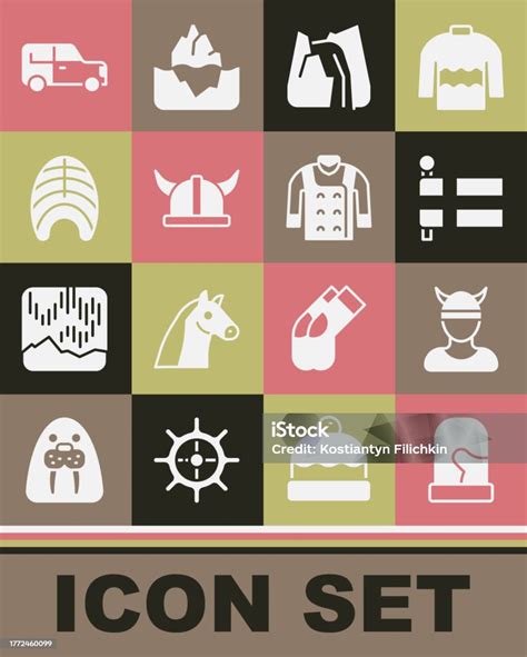 크리스마스 벙어리 장갑 바이킹 머리 아이슬란드의 국기 폭포 뿔 헬멧 생선 스테이크 자동차 및 스웨터 아이콘을 설정합니다 벡터 겨울에 대한 스톡 벡터 아트 및 기타 이미지