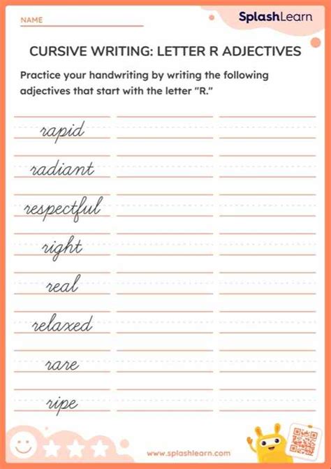 Cursive Writing Letter R Adjectives Worksheet
