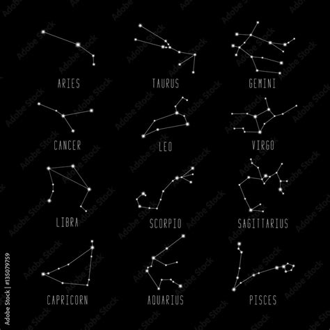 Set Of Zodiac Constellation On The Black Background With Names Stock