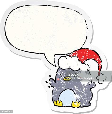 만화 펭귄 크리스마스 모자를 쓰고 연설 거품 고민 고민 오래 된 스티커 귀여운에 대한 스톡 벡터 아트 및 기타 이미지 귀여운 그런지 이미지 기법 기포 Istock