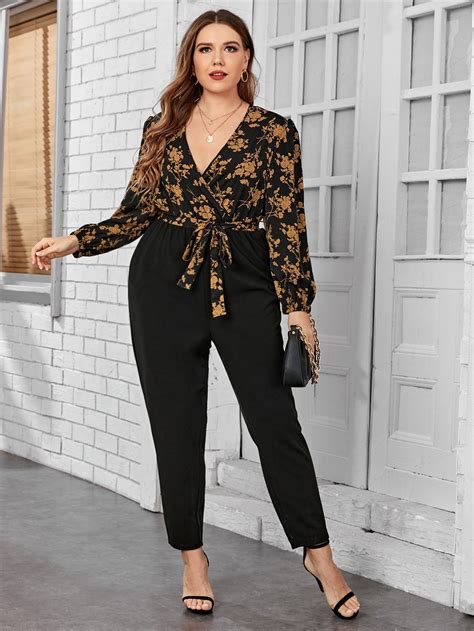 Plus Floral Print Self Tie Jumpsuit Plus Size Business Attire Work