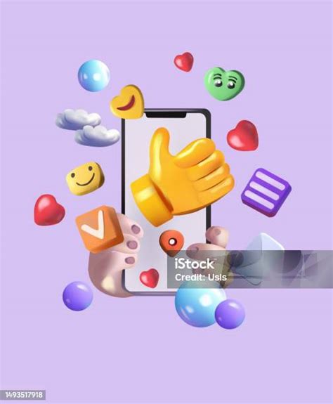 가상 소셜 네트워킹 플랫폼을 위한 혁신적인 3d 개념입니다 체적 아이콘 이모티콘 댓글 하트 엄지손가락이 있는 휴대폰 개념 통신
