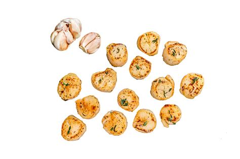 버터 소스를 곁들인 바베큐 구운 가리비 흰색 배경에 고립 평면도 구이에 대한 스톡 사진 및 기타 이미지 구이 컷아웃 가리비 Istock