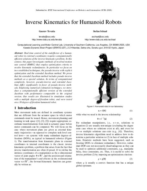 Pdf Inverse Kinematics For Humanoid Robots