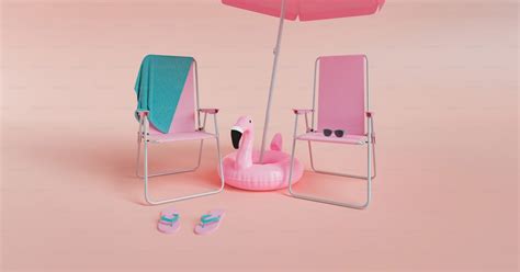 분홍색 단색의 장면은 양산이 있는 두 개의 접이식 의자와 플라밍고가 스튜디오 배경의 중앙에 떠 있습니다 3d 렌더링 사진 Unsplash의 바닷가 이미지