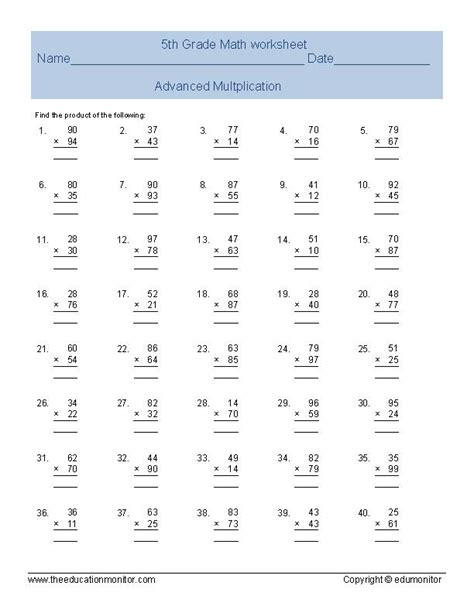 Fifth Grade Multiplication Printable Worksheets