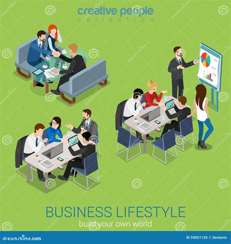 Flat 3d Isometric Vector Business Office Life Teamwork Meeting Stock Vector Illustration Of