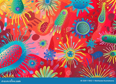 Pattern Of Colorful Various Types Of Bacteria Microbe Pathogen Cells Microorganism And Virus