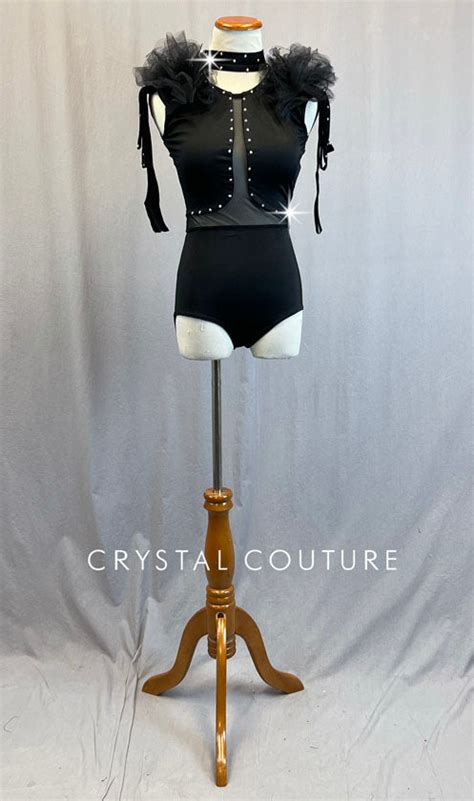 Black Leotard With Tulle Shoulders And Mesh Inserts Rhinestones