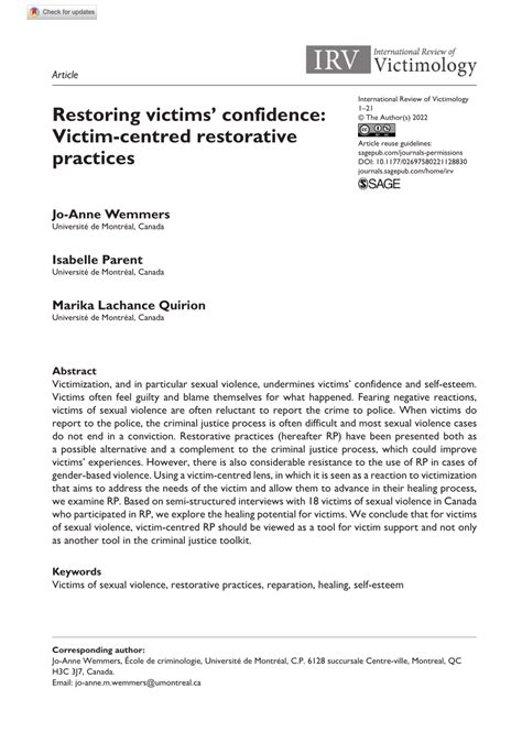 Pdf Restoring Victims Confidence Victim Centred Restorative Practices
