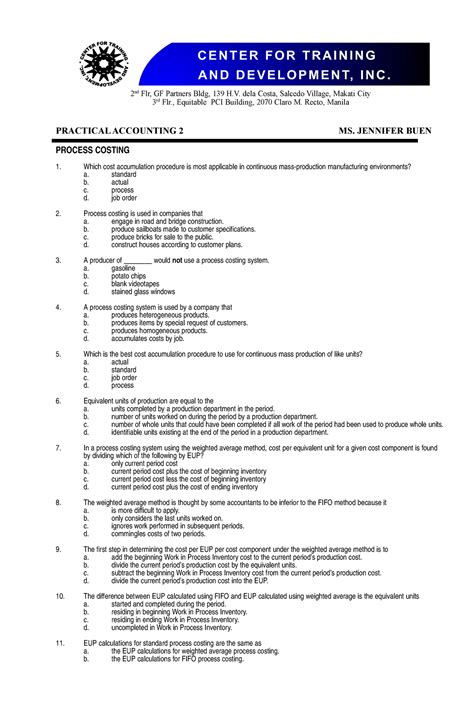 Process Costing Lecture Notes 1 2 Nd Flr GF Partners Bldg 139 H Dela Costa Salcedo