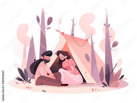 숲속 경치 좋은 곳에서 텐트를 치고 가족과 함께하는 캠핑 여행 미니멀리스트 일러스트 벡터 평면 일러스트 부드러운