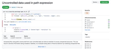 The Code Scanning Alert Page Shows Status And Details For The Default