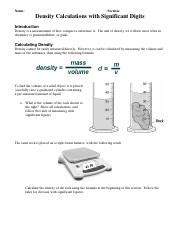 Density PreLab For Pdf Name Section Density Calculations With Significant Digits