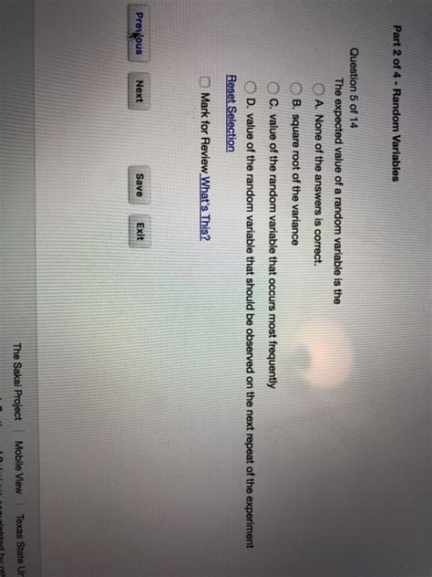 Solved Part 2 Of 4 Random Variables Question 5 Of 14 The