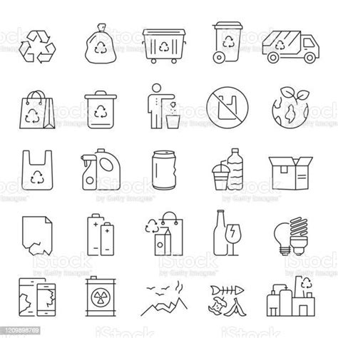 재활용 폐기물 관리 및 제로 폐기물 관련 라인 아이콘의 집합입니다 편집 가능한 스트로크입니다 간단한 윤곽선 아이콘입니다 아이콘에