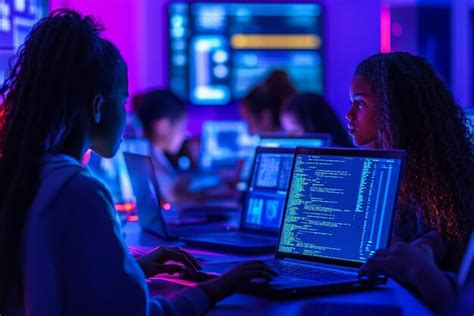 Teenagers Collaborating In A Modern Coding Lab Premium Ai Generated Image