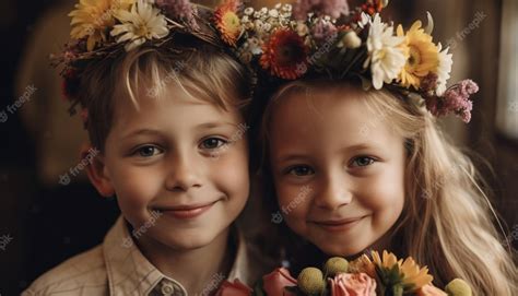 Free Photo Cute Siblings Smile Posing With Flower Wreath Generated By Ai