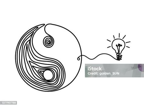 흰색 배경에 선 그리기로 전구와 음과 양의 기호 균형에 대한 스톡 벡터 아트 및 기타 이미지 균형 그림 이야기 낙서 드로잉 Istock