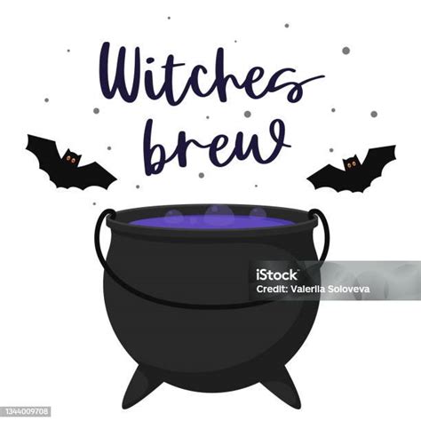 끓는 마녀의 물약의 가마솥 보라색 액체 독과 거품의 냄비 핸드 레터링 마녀 양조와 엽서 할로윈 테마 흰색에 격리 된 색상 평면 만화 벡터 그림 마녀에 대한 스톡 벡터 아트