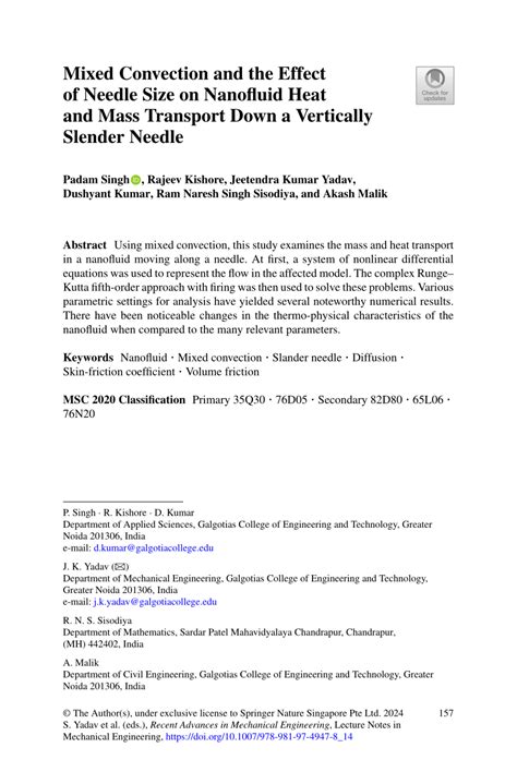 Pdf Mixed Convection And The Effect Of Needle Size On Nanofluid Heat And Mass Transport Down A