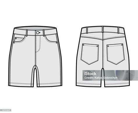 데님 쇼트 팬츠 테크니컬 패션 일러스트 허벅지 길이 허리 상승 곡선 동전 각진 5 포켓 0명에 대한 스톡 벡터 아트 및 기타 이미지 Istock