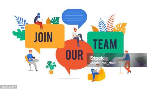 우리의 팀에 가입 우리는 이미지 거 대 한 음성 거품을 가진 젊은이의 그룹의 개념 벡터 일러스트 레이 션을 고용 개념에 대한 스톡 벡터 아트 및 기타 이미지 Istock