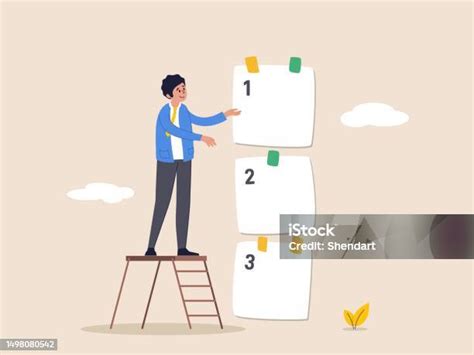 작업 관리 개념입니다 업무 우선순위를 설정하고 전후에 해야 할 일 목록을 정리하고 젊은 기업가 사업가는 첫 번째 두 번째 세 번째 숫자로 스티커 메모의 우선 순위를