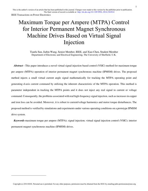 Pdf Maximum Torque Per Ampere Mtpa Control For Interior Permanent Magnet Synchronous Machine