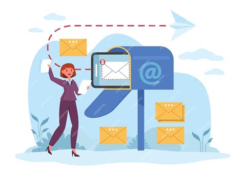 이메일 디지털 편지 인터넷 문자 방송 여성 우편 송신 및 수신 메일 박스 및 컬러 봉투 소셜 네트워크 웹 메시지