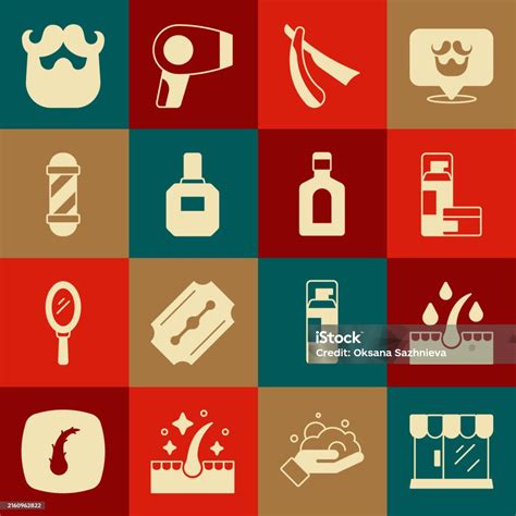 세트 이발소 건물 헤어 케어 치료용 오일 면도 젤 폼 스트레이트 면도기 애프터 쉐이브 클래식 폴 콧수염과 수염 및 샴푸 아이콘 병 벡터 일러스트레이션에 대한 스톡 벡터 아트