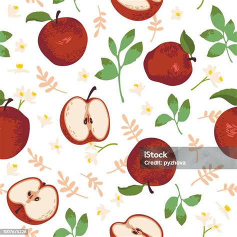 사과 꽃과 나뭇잎 벡터 여름 패턴입니다 원활한 텍스처 디자인입니다 0명에 대한 스톡 벡터 아트 및 기타 이미지 0명 개체