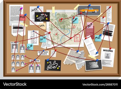 Detective Board With Pins And Evidence Crime Vector Image